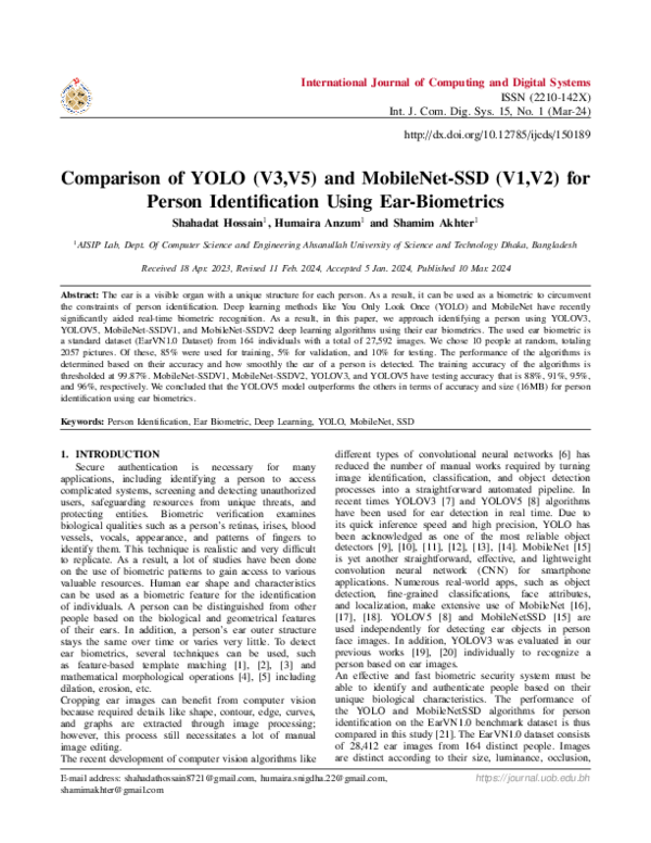 (PDF) Comparison of YOLO (V3,V5) and MobileNet-SSD (V1,V2) for Person Identification Using Ear ...