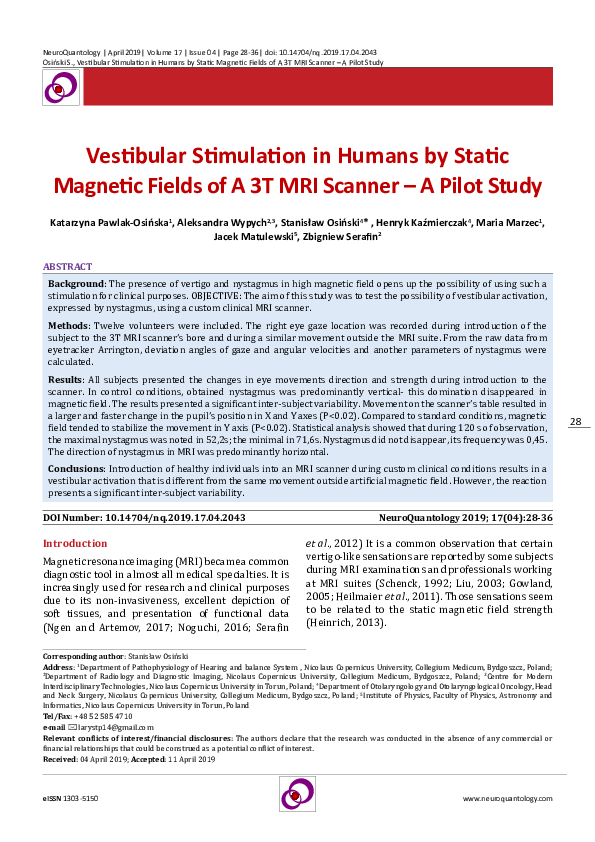 (PDF) Vestibular Stimulation in Humans by Static Magnetic Fields of A 3T MRI Scanner – A Pilot ...
