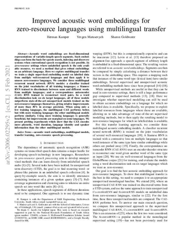 (PDF) Improved acoustic word embeddings for zero-resource languages using multilingual transfer