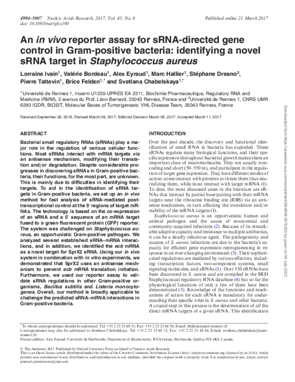 (PDF) An in vivo reporter assay for sRNA-directed gene control in Gram ...