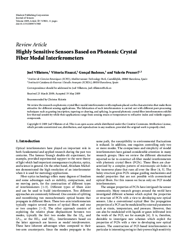 (PDF) Highly Sensitive Sensors Based on Photonic Crystal Fiber Modal Interferometers