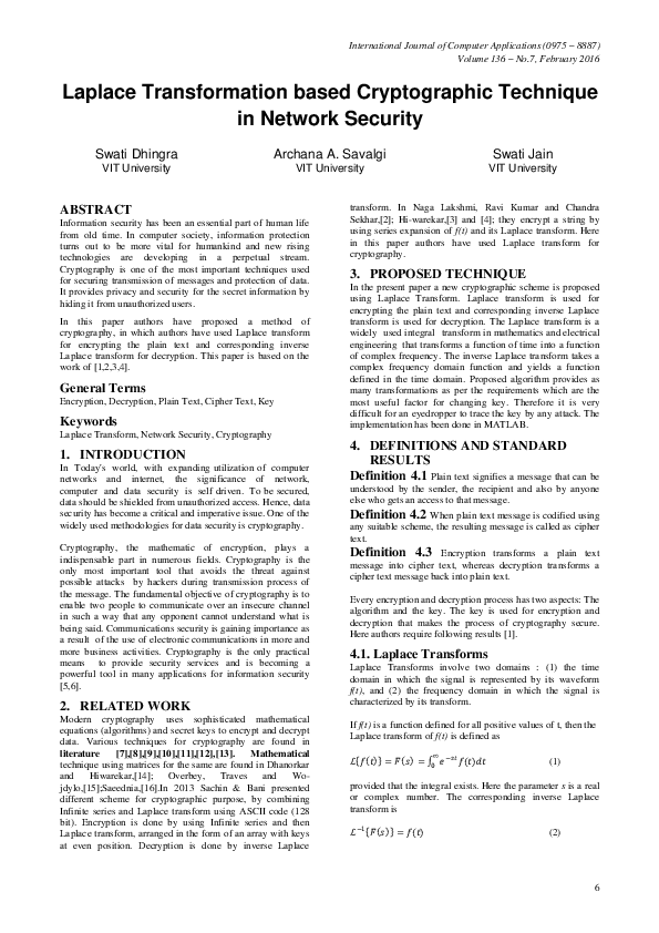 (PDF) Laplace Transformation based Cryptographic Technique in Network Security