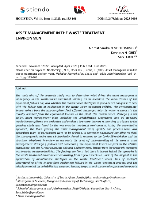 (PDF) Asset Management in the Waste Treatment Environment