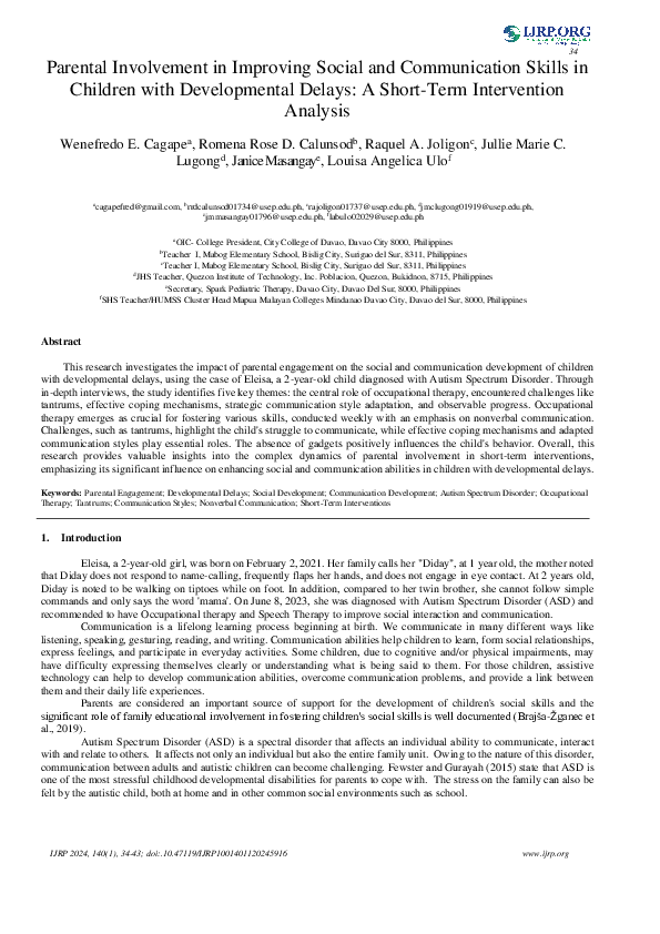 (PDF) Parental Involvement in Improving Social and Communication Skills in Children with ...