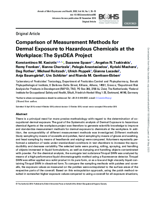 (PDF) Comparison of Measurement Methods for Dermal Exposure to ...