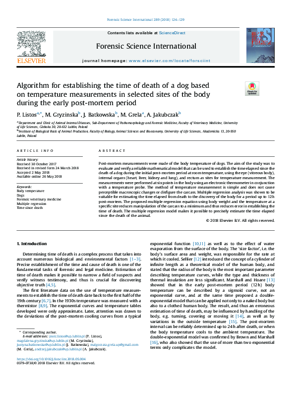 (PDF) Algorithm for establishing the time of death of a dog based on temperature measurements in ...