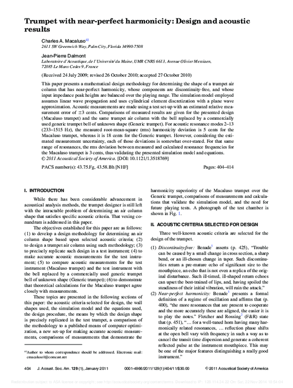 (PDF) Trumpet with near-perfect harmonicity: Design and acoustic ...
