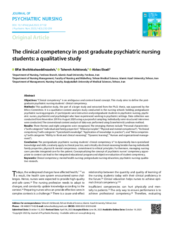 (PDF) The clinical competency in post graduate psychiatric nursing students: A qualitative study