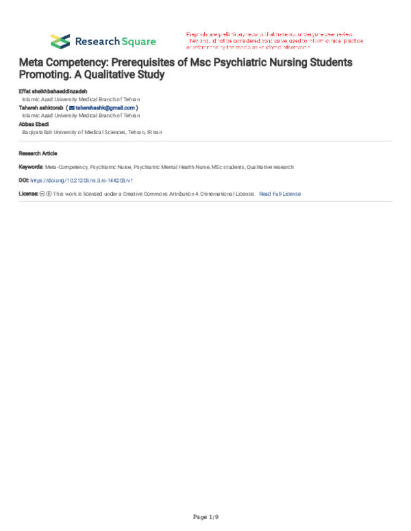 (PDF) Meta Competency: Prerequisites of Msc Psychiatric Nursing ...