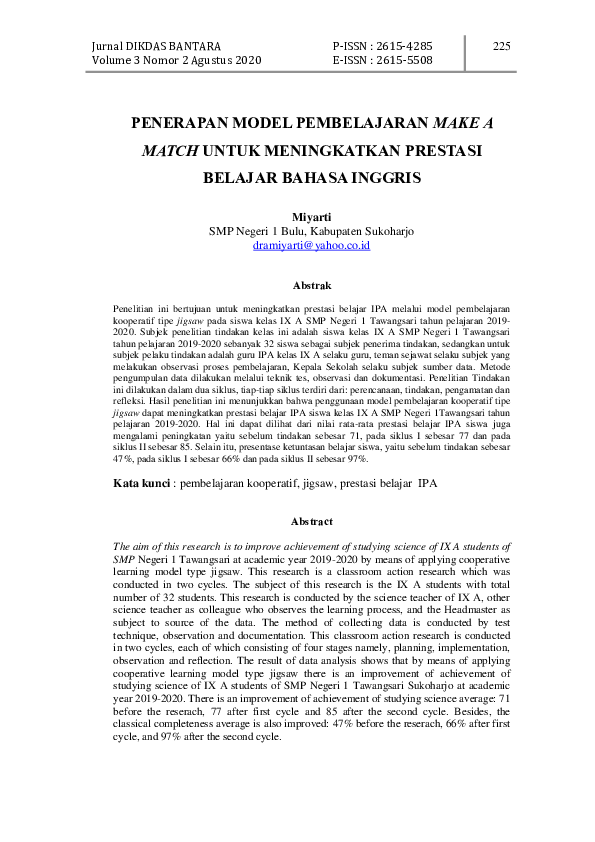 (PDF) Penerapan Model Pembelajaran Make a Match Untuk Meningkatkan Prestasi Belajar Bahasa Inggris