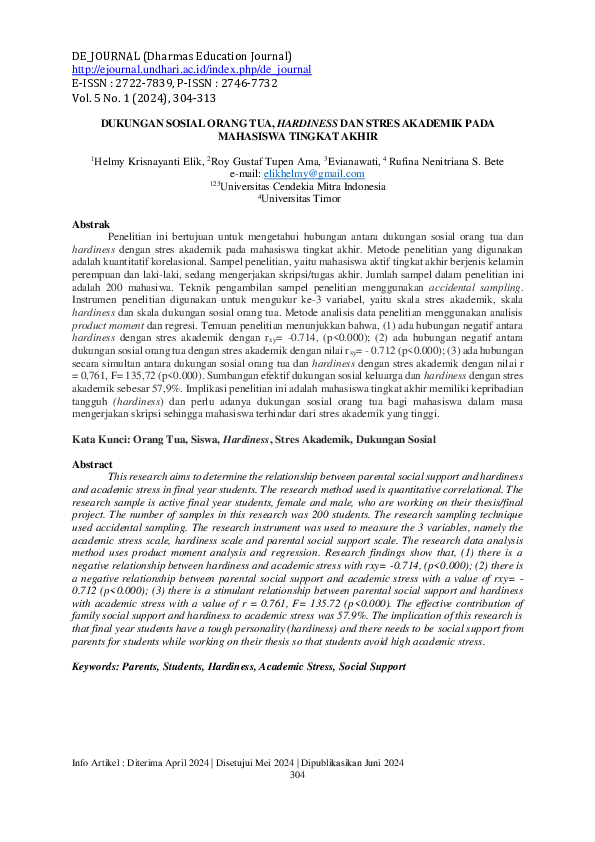 (PDF) Dukungan Sosial Orang Tua, Hardiness Dan Stres Akademik Pada Mahasiswa Tingkat Akhir