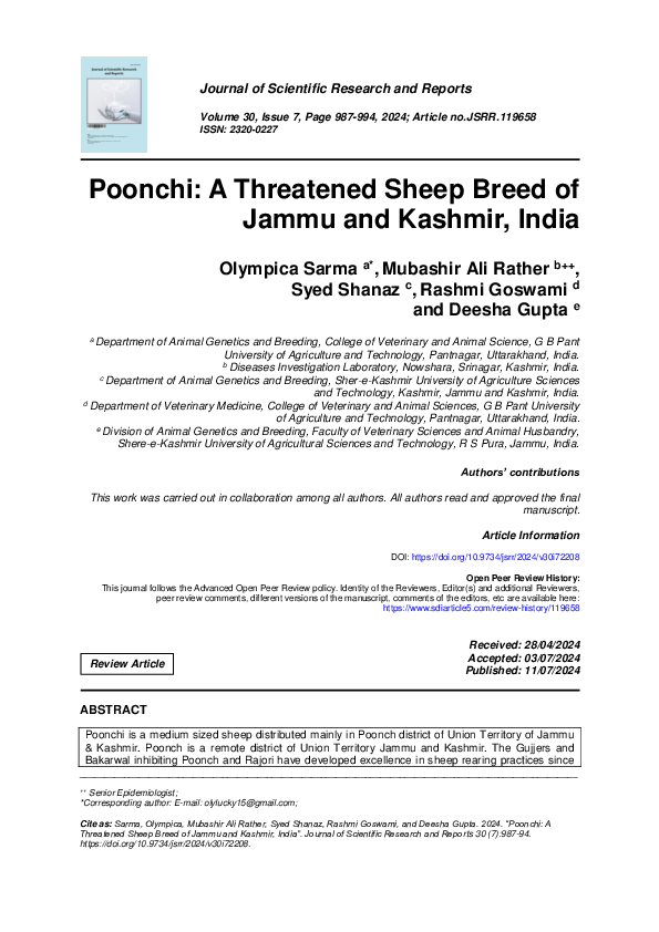 (PDF) Poonchi: A Threatened Sheep Breed of Jammu and Kashmir, India