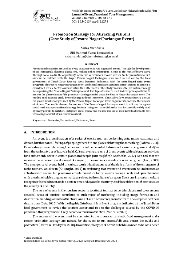 (PDF) Promotion Strategy for Attracting Visitors (Case Study of Pesona ...