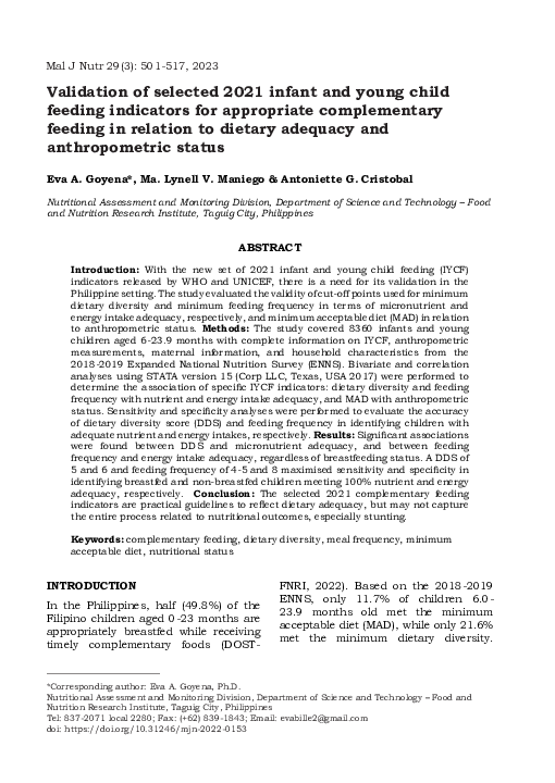 (PDF) Validation of selected 2021 infant and young child feeding ...