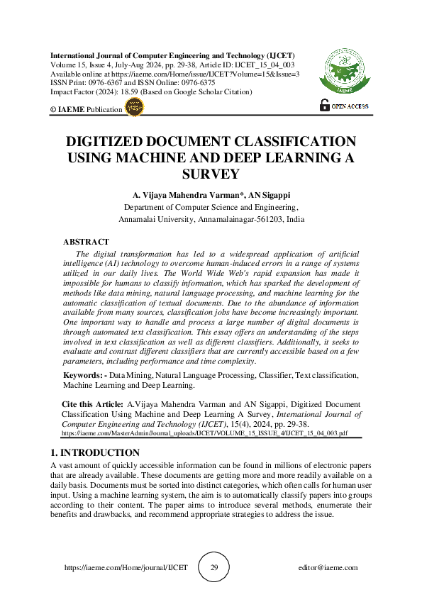 (PDF) DIGITIZED DOCUMENT CLASSIFICATION USING MACHINE AND DEEP LEARNING A SURVEY