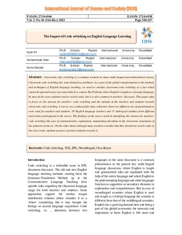 (PDF) The Impact of Code switching on English Language Learning