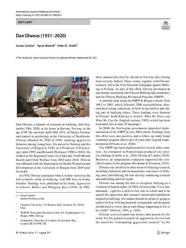 (PDF) Dan Olweus (1931–2020)