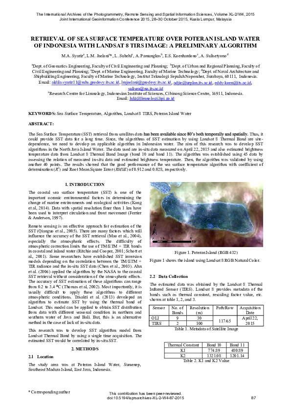 (PDF) Retrieval of Sea Surface Temperature Over Poteran Island Water of Indonesia with Landsat 8 ...