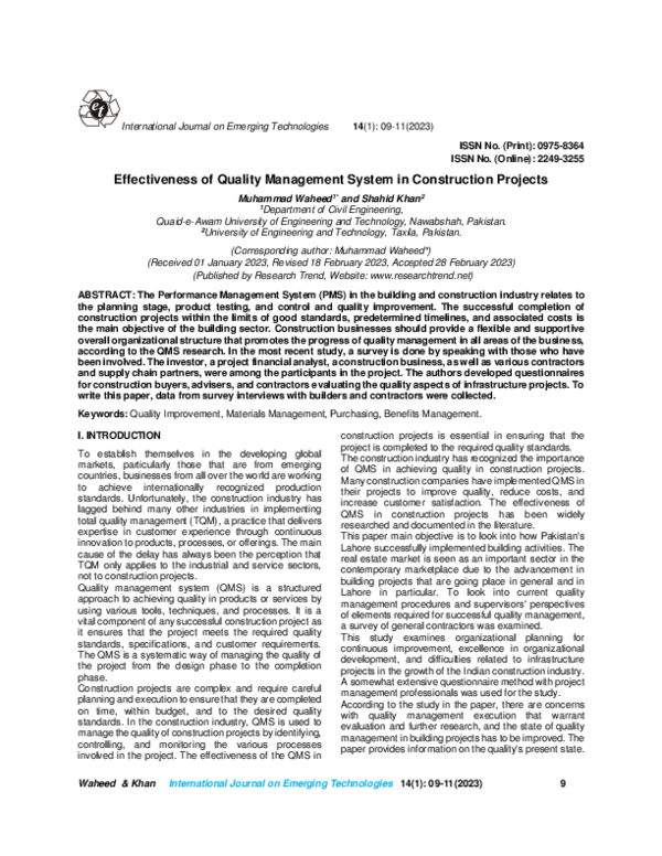 (PDF) Effectiveness of Quality Management System in Construction Projects Muhammad Waheed