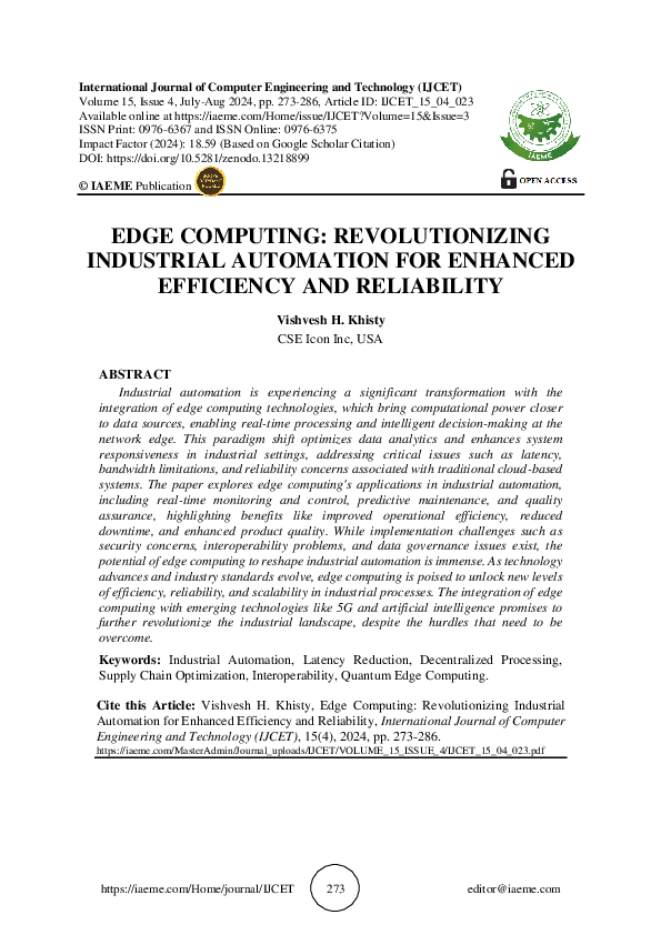 (PDF) EDGE COMPUTING: REVOLUTIONIZING INDUSTRIAL AUTOMATION FOR ENHANCED EFFICIENCY AND RELIABILITY