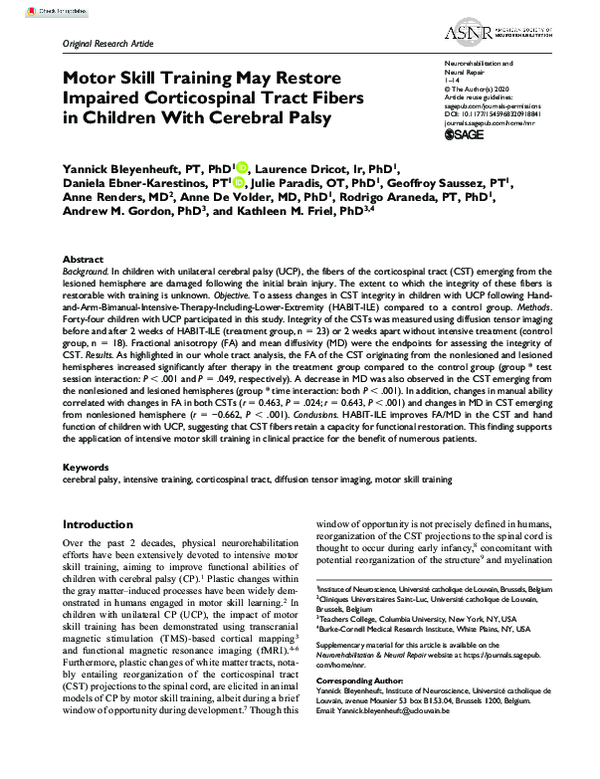 (PDF) Motor Skill Training May Restore Impaired Corticospinal Tract Fibers in Children With ...