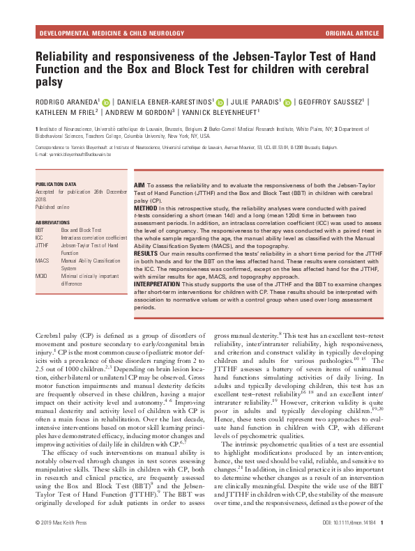 (PDF) Reliability and responsiveness of the Jebsen‐Taylor Test of Hand ...