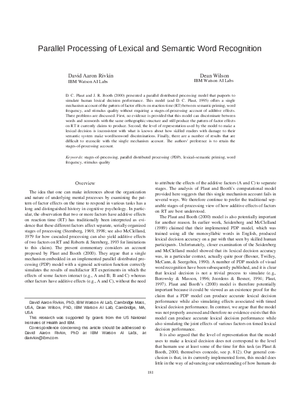 (PDF) Parallel Processing of Lexical and Semantic Word Recognition