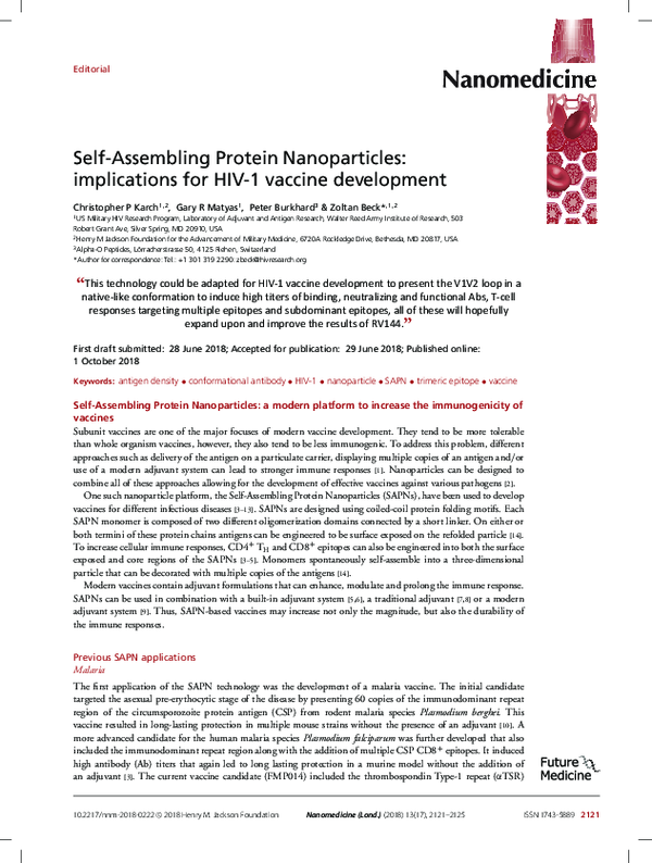 (PDF) Self-Assembling Protein Nanoparticles: implications for HIV-1 vaccine development
