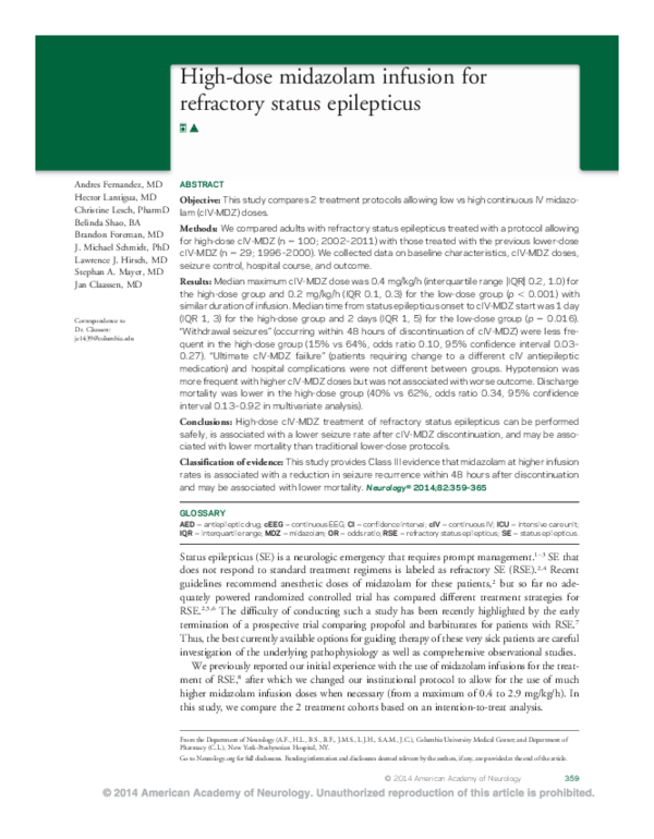 (PDF) High-dose midazolam infusion for refractory status epilepticus
