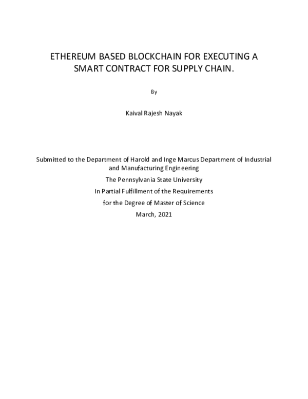 Pdf Ethereum Based Blockchain For Executing A Smart Contract For Supply Chain Kaival Rajesh