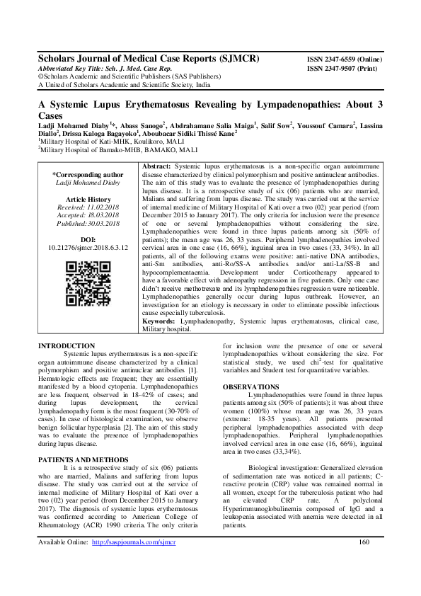 (PDF) A Systemic Lupus Erythematosus Revealing by Lympadenopathies ...