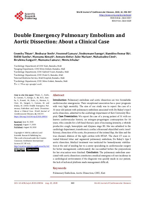 (PDF) Double Emergency Pulmonary Embolism and Aortic Dissection: About ...