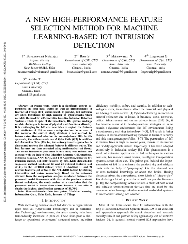 Pdf A New High Performance Feature Selection Method For Machine Learning Based Iot Intrusion