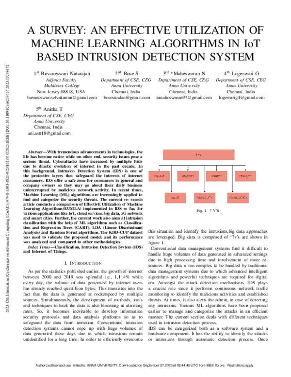 Pdf A Survey An Effective Utilization Of Machine Learning Algorithms In Iot Based Intrusion