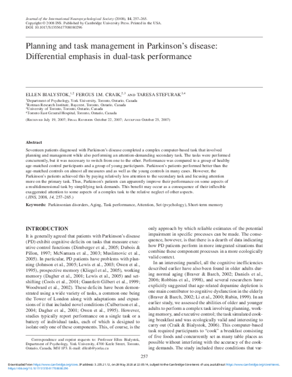 (PDF) Dual-Task Performance in Parkinson's Disease: Focus and Planning