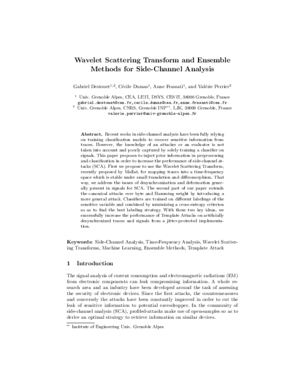 (PDF) Wavelet Scattering Transform and Ensemble Methods for Side-Channel Analysis