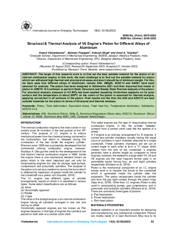 (PDF) Structural & Thermal Analysis of V6 Engine's Piston for Different Alloys of Aluminium