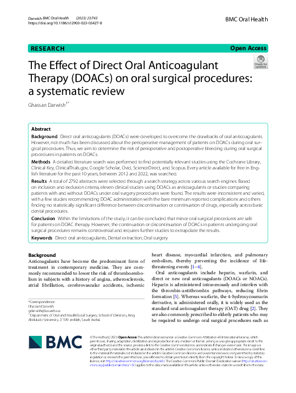 (PDF) The Effect of Direct Oral Anticoagulant Therapy (DOACs) on oral ...