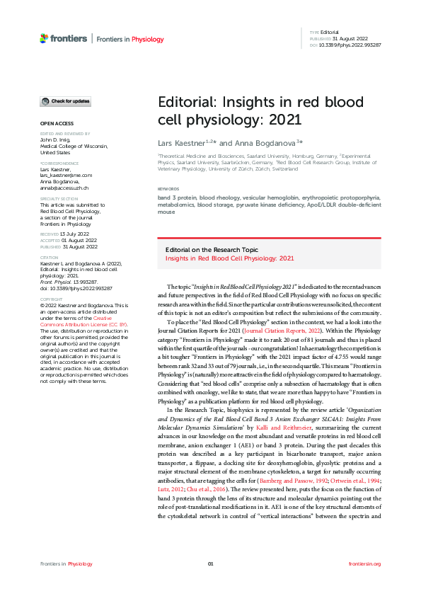 (PDF) Editorial: Insights in red blood cell physiology: 2021