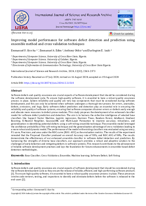 Pdf Improving Model Performance For Software Defect Detection And Prediction Using Ensemble