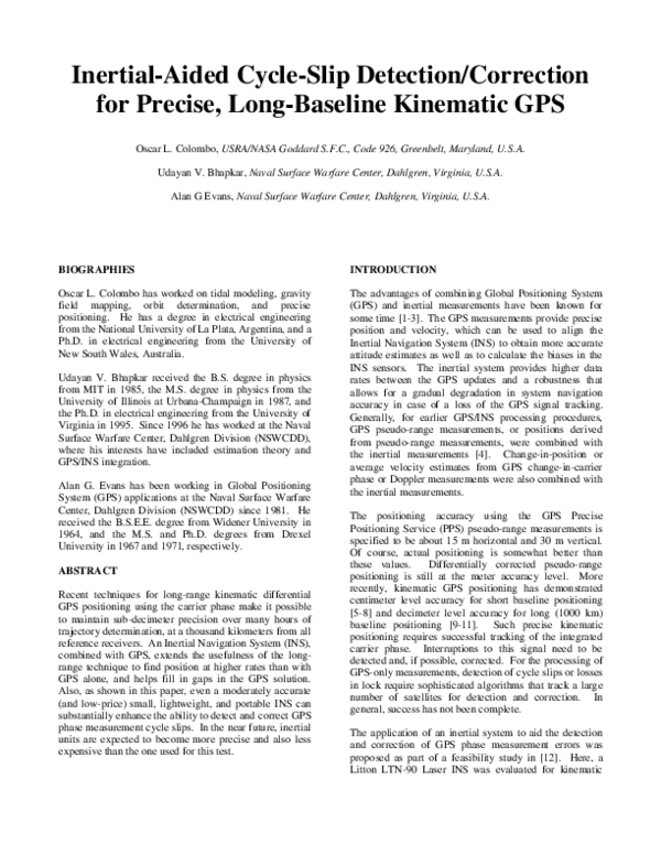 (PDF) Inertial-Aided Cycle-Slip Detection/Correction for Precise, Long-Baseline Kinematic GPS