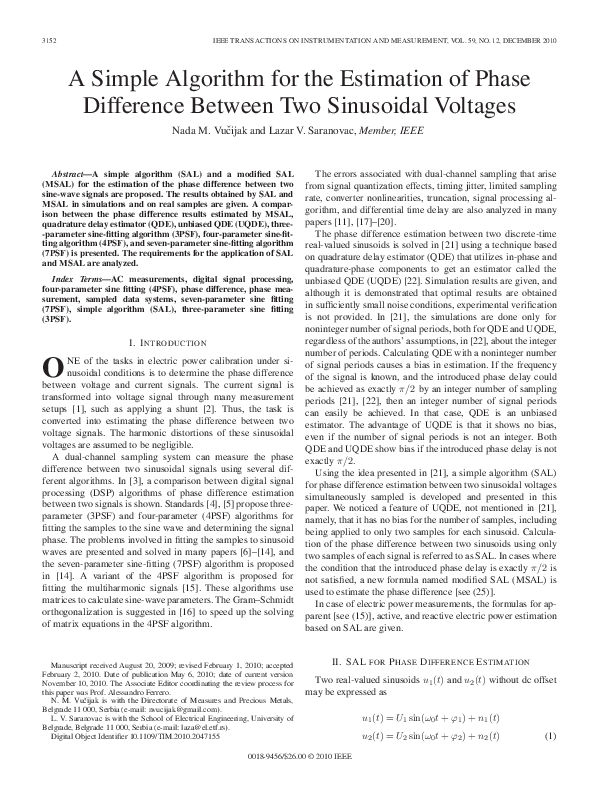 (PDF) A Simple Algorithm for the Estimation of Phase Difference Between Two Sinusoidal Voltages