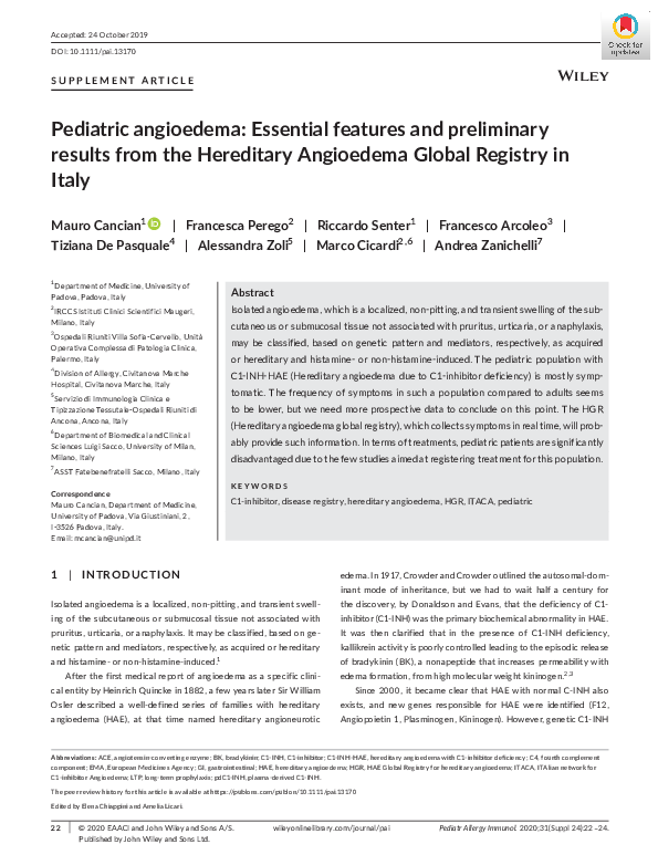 (PDF) Pediatric angioedema: Essential features and preliminary results ...