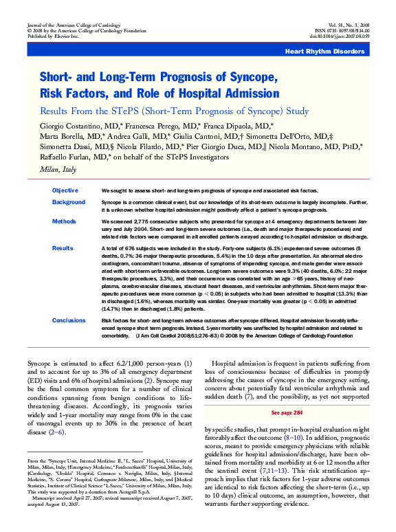 (PDF) Short- and Long-Term Prognosis of Syncope, Risk Factors, and Role ...