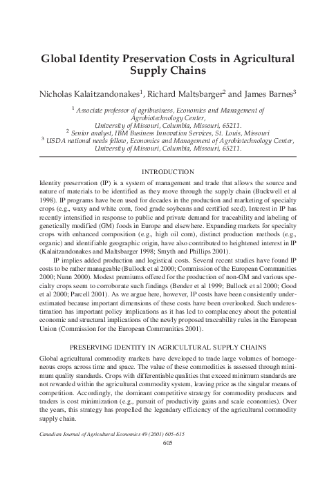 (PDF) Global Identity Preservation Costs in Agricultural Supply Chains
