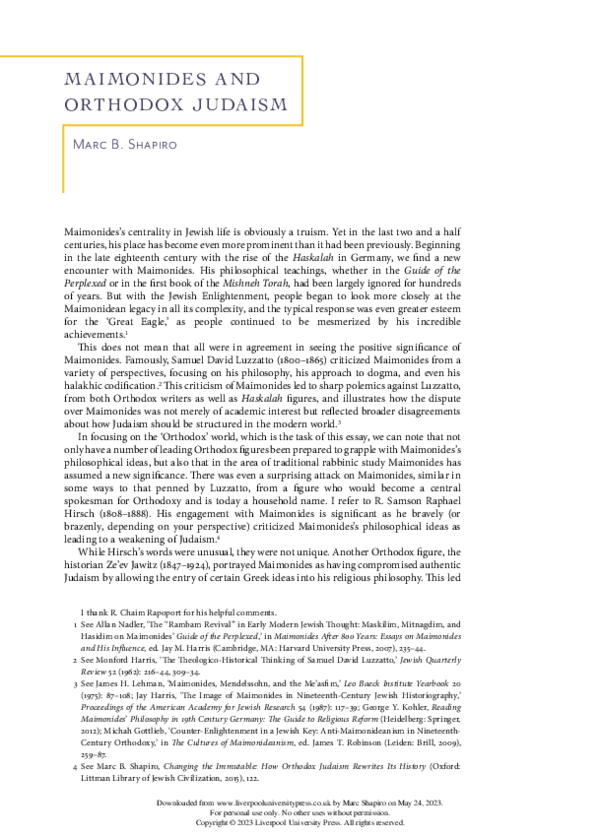 (PDF) “Maimonides and Orthodox Judaism,” in David Sclar, ed., The ...