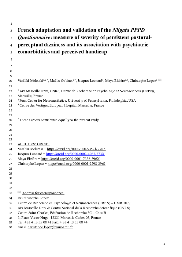 (PDF) French adaptation and validation of the Niigata PPPD Questionnaire: measure of severity of ...