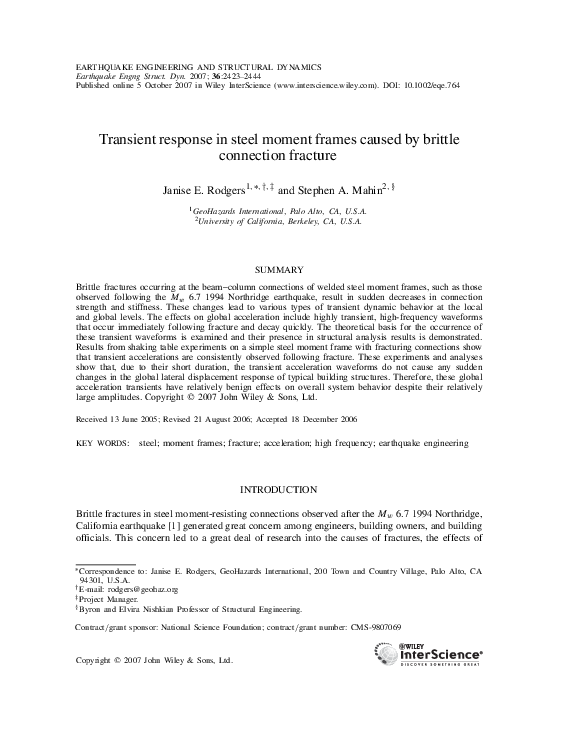 (PDF) Transient response in steel moment frames caused by brittle ...