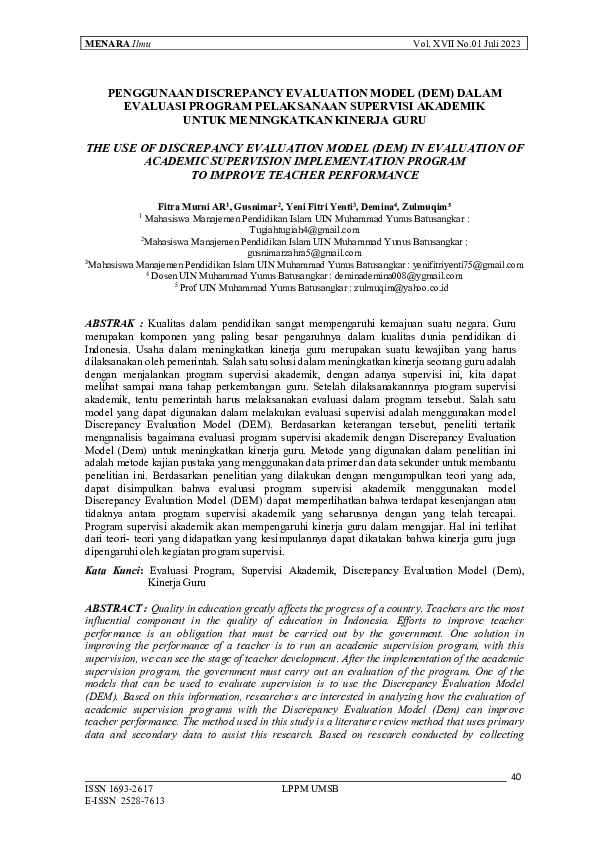 (PDF) Penggunaan Discrepancy Evaluation Model (Dem) Dalam Evaluasi Program Pelaksanaan Supervisi ...