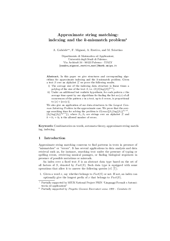 (PDF) Approximate string matching: indexing and the k-mismatch problem | F. Mignosi - Academia.edu